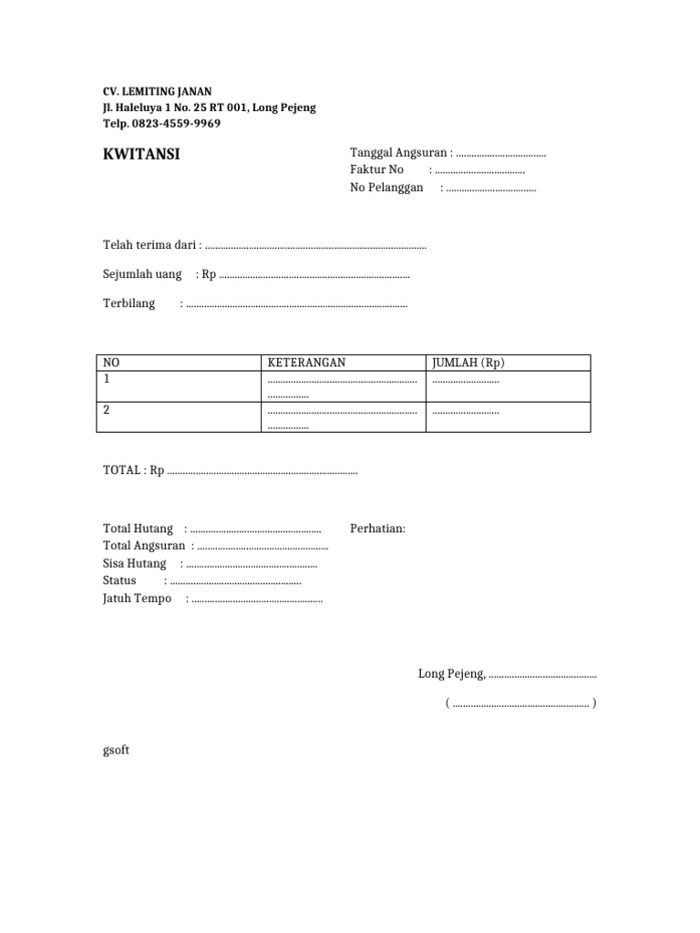 Kwitansi Kosong Format Gsoft CV Lemiting | PDF