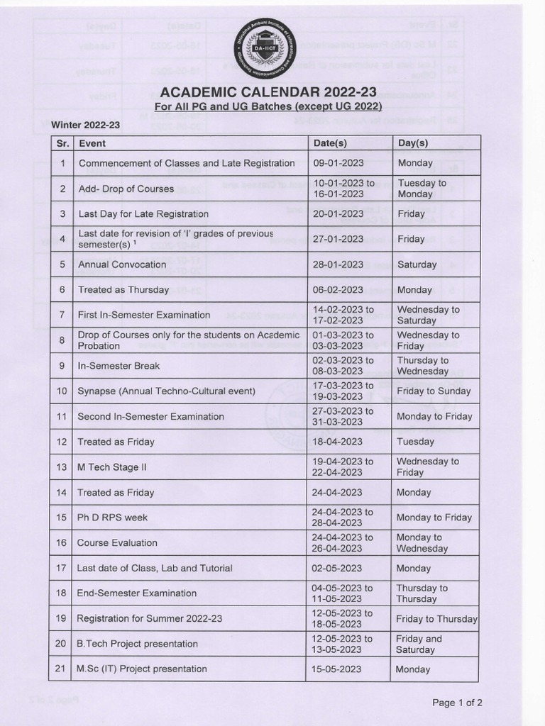 Academic Calendar 2022-23 | PDF