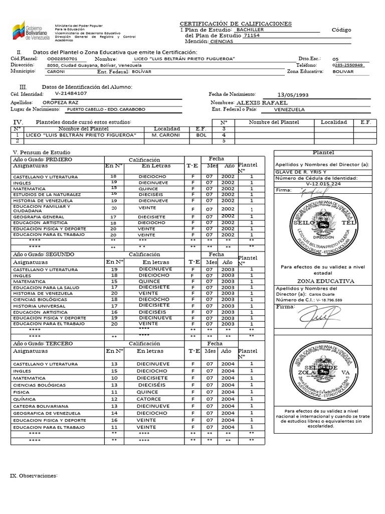 Notas Certificadas OROPEZA | PDF