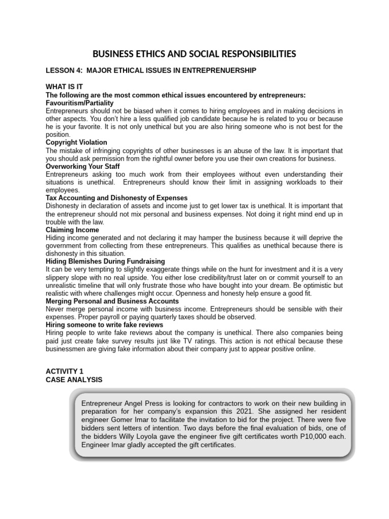 Major Ethical Issues in Entreprenuership Lesson 4 | PDF ...