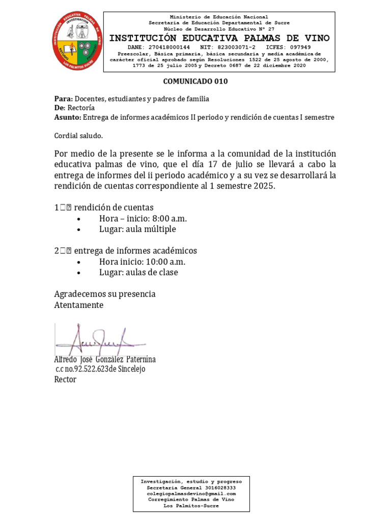 Comunicado 010 Entrega de Infrmes y Rendicion de Cuentas Julio 17 | PDF