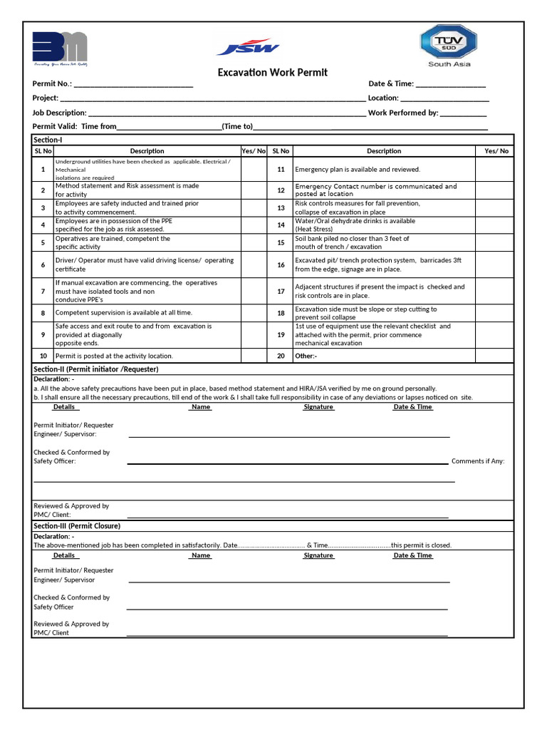 Excavation Work Permit Rev-02 | PDF | Trench | Safety