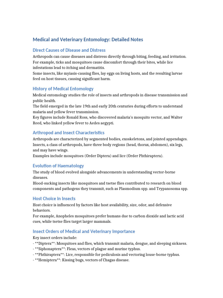 Medical and Veterinary Entomology Notes | PDF | Mosquito | Fly