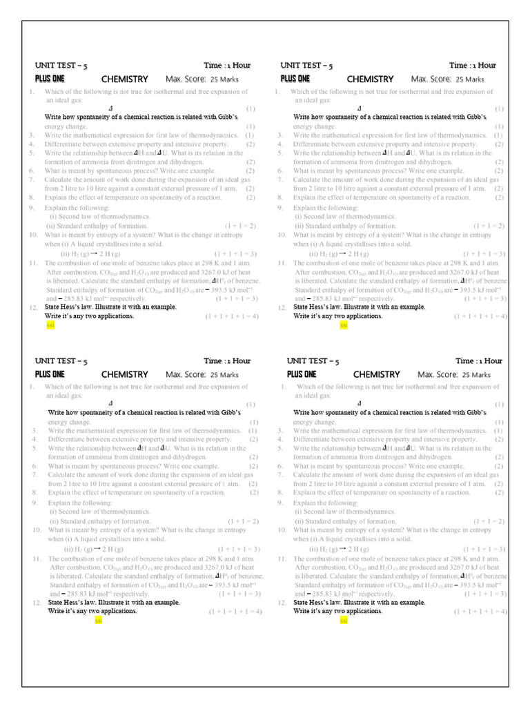 Chemistry Unit Test: Thermodynamics Concepts | PDF | Entropy | Enthalpy