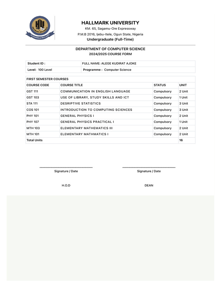 Hallmark University 2024/2025 Course Form | PDF