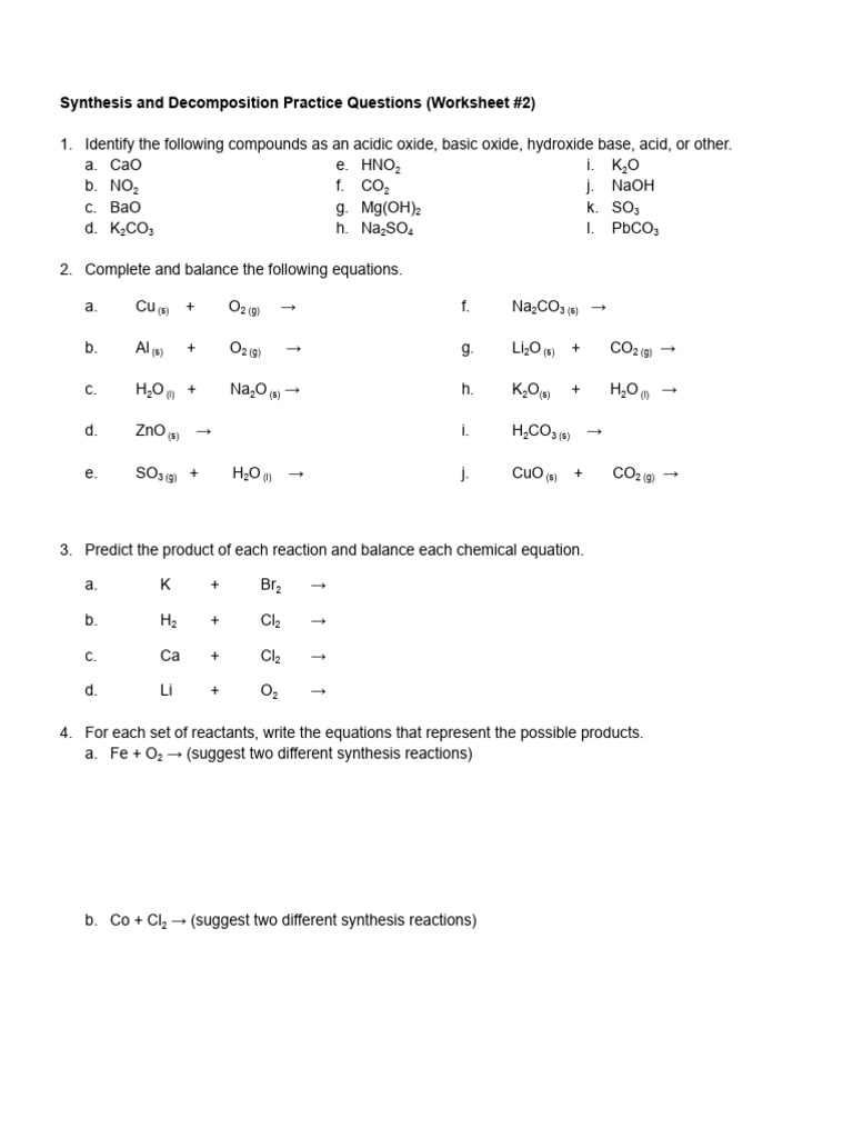 Worksheet - Synthesis and Decomposition | PDF | Chemical Reactions | Oxide