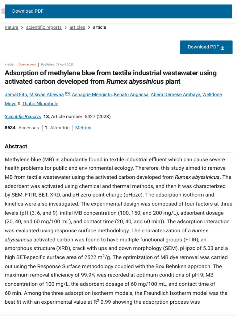 Adsorption of Methylene Blue From Textile Industrial Wastewater Using ...