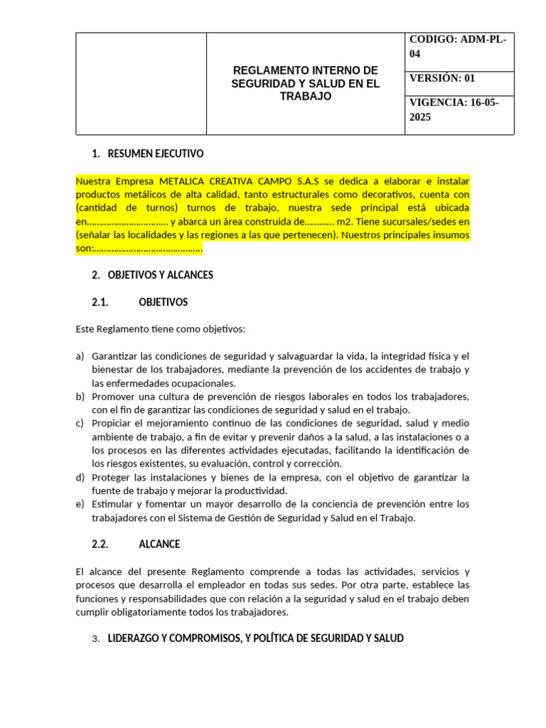Adm-Pl-04 Reglamento Interno de Seguridad y Salud en El Trabajo | PDF | Seguridad y salud ...