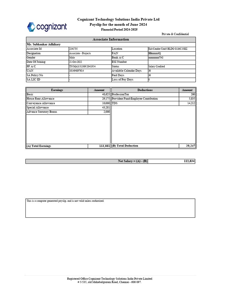 Payslip 2241735 CIN Jun 2024 | PDF | Payments | Economies