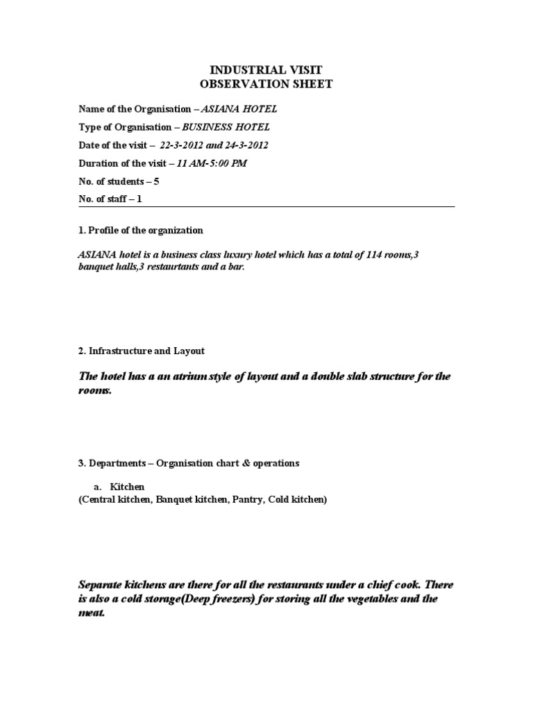 Industrial Visit Observation Sheet | PDF | Restaurants | Bar