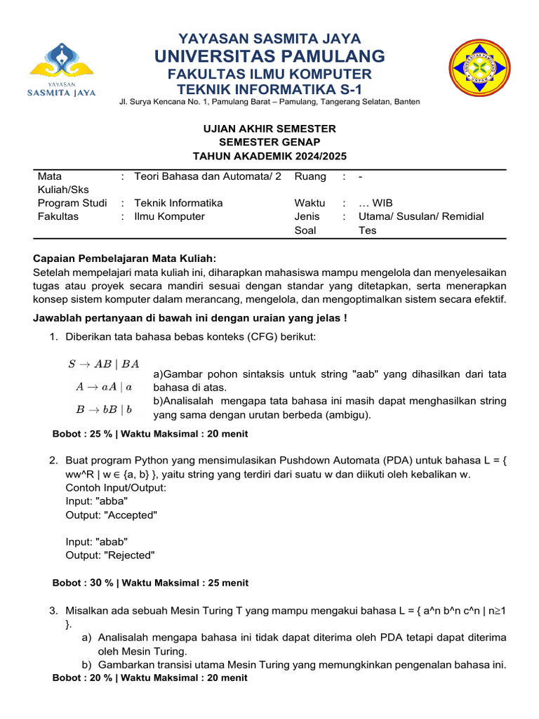 Soal - UAS - Teori Bahasa Dan Automata - 2SKS - Hanya Soal TTD | PDF