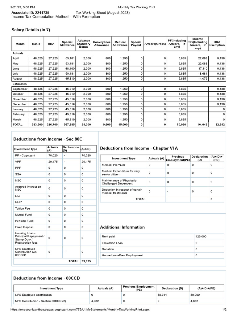 Monthly Tax Working Print | PDF | Tax Deduction | Financial Services