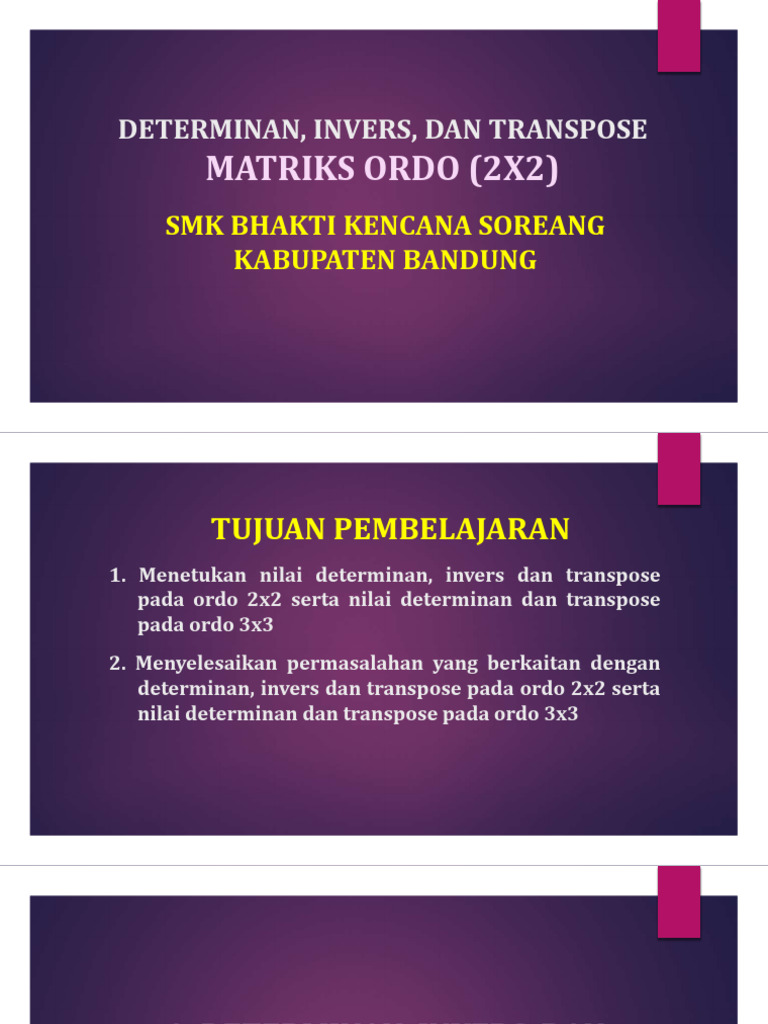 Materi Pekan Ketiga - Determinan, Invers, Dan Transpose Matriks 2x2 | PDF