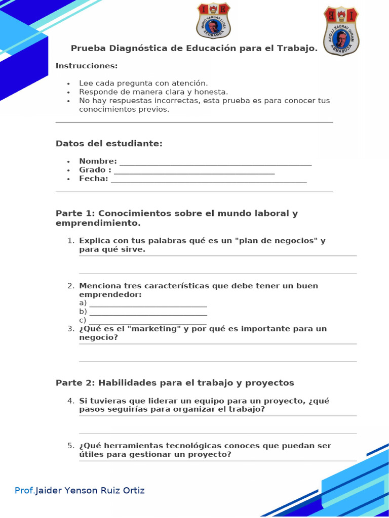Prueba Diagnóstica: Educación para el Trabajo | PDF | Iniciativa ...