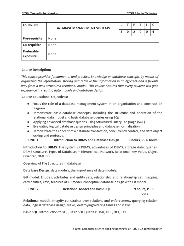 Csen2061 Database Management Systems | PDF | Databases | Relational Model