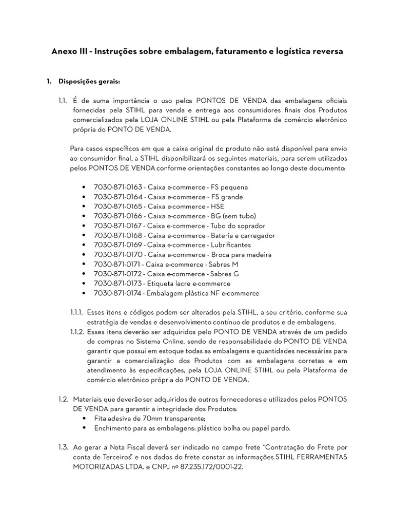 Anexo III - Instruções Sobre Embalagem, Faturamento e Logística Reversa ...