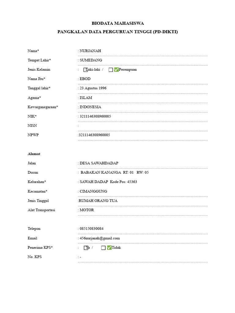 Format Biodata Pddikti | PDF