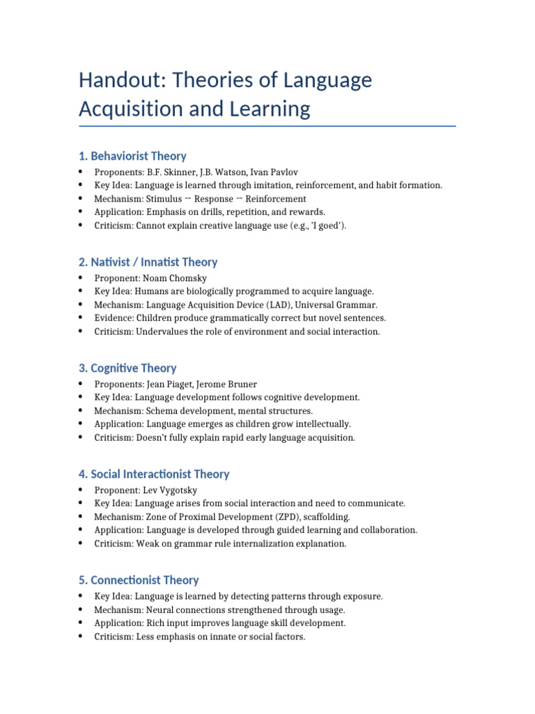 Theories of Language Acquisition Handout | PDF
