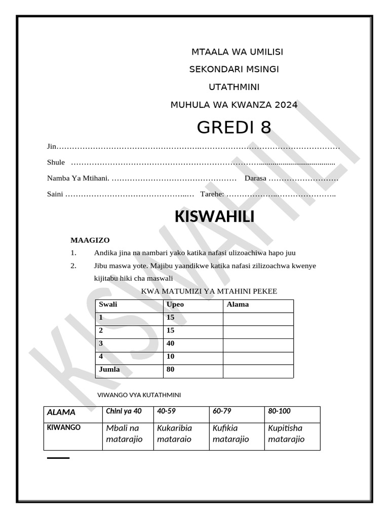 Grade 8 Kiswahili Qs 4 2024 Teacher - Co .Ke 7 | PDF