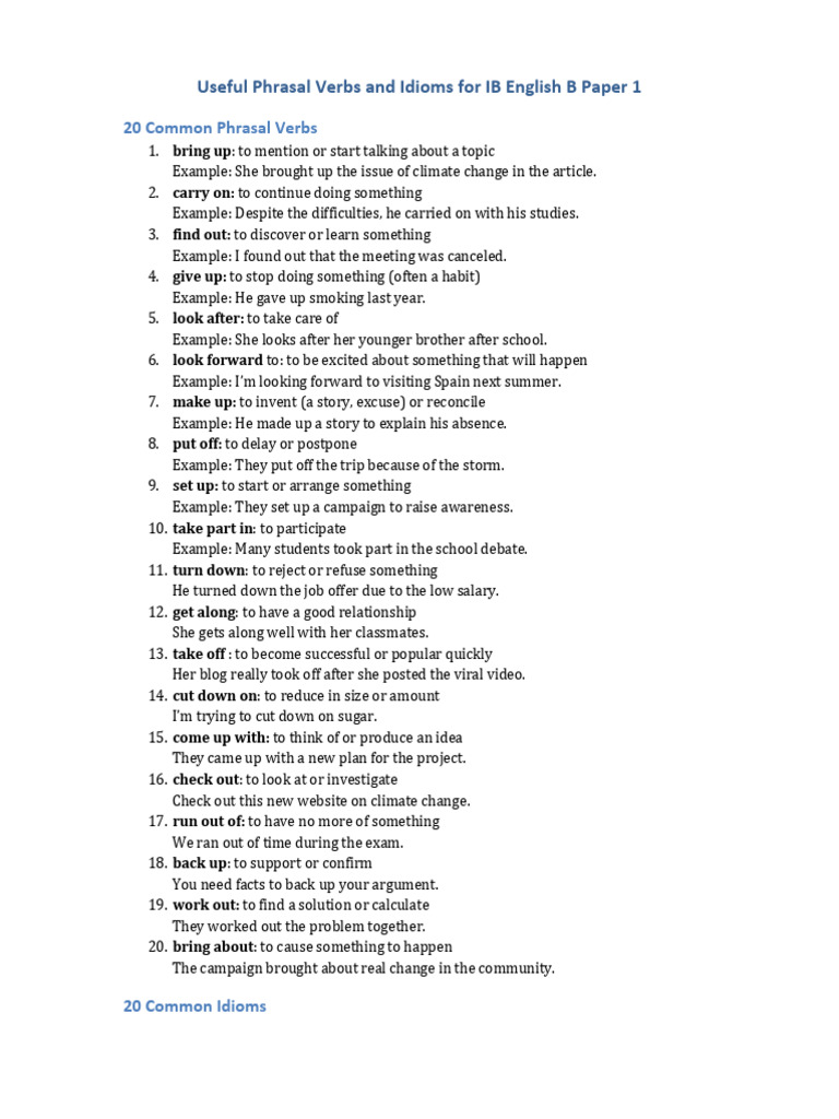 Essential Phrasal Verbs & Idioms for IB English | PDF