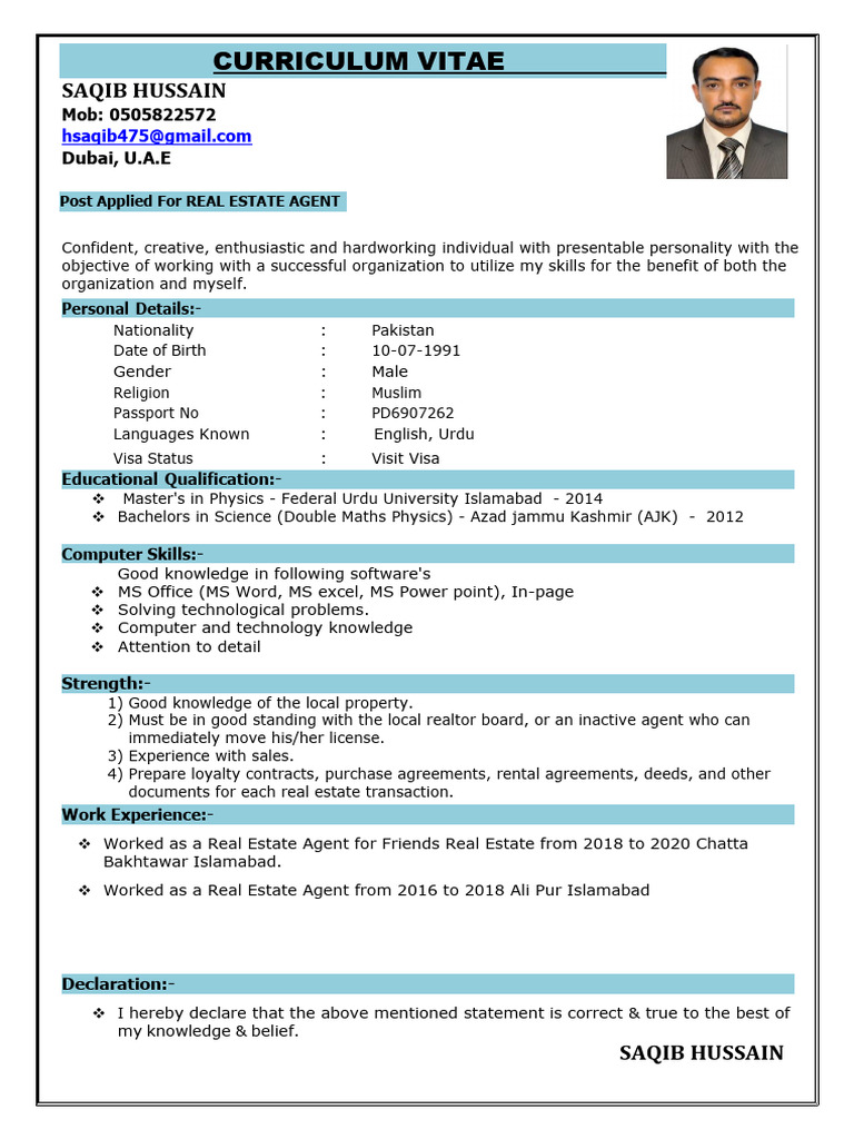 Real Estate Agent CV - Saqib Hussain | PDF