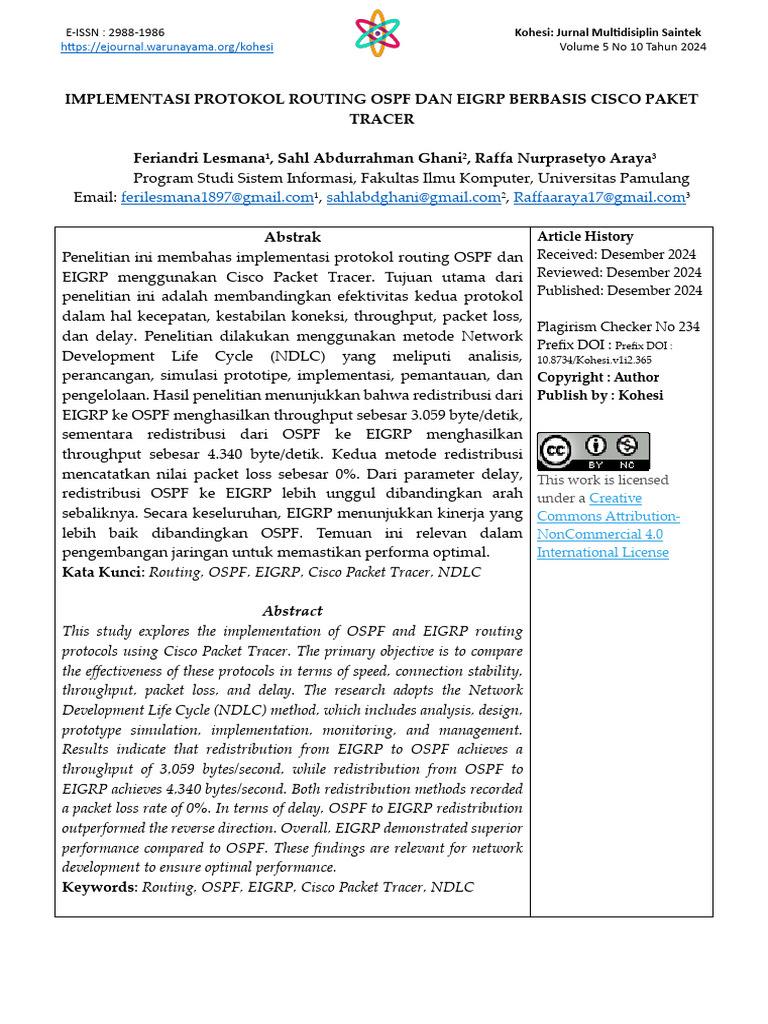 Implementasi Protokol Routing Ospf Dan Eigrp Berbasis Cisco Paket Tracer | PDF