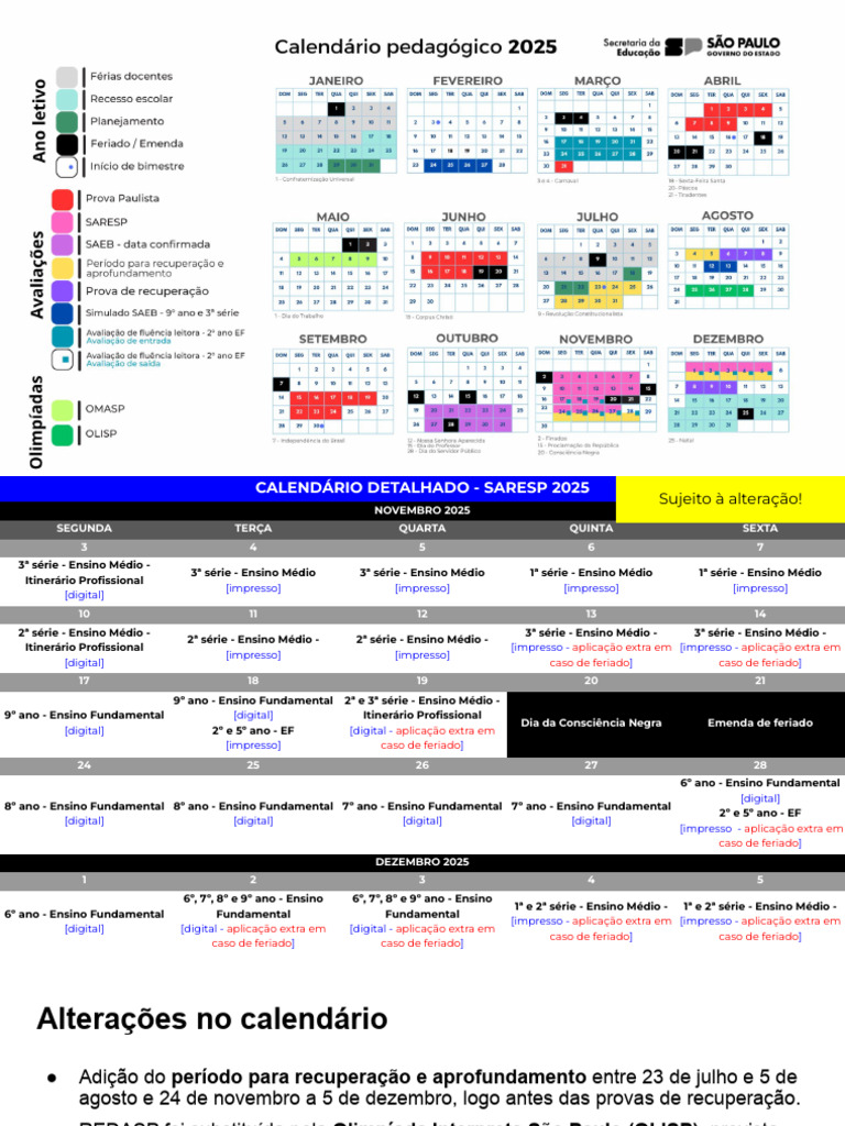 Calendário Pedagógico 2025 - SEDUC-SP | PDF