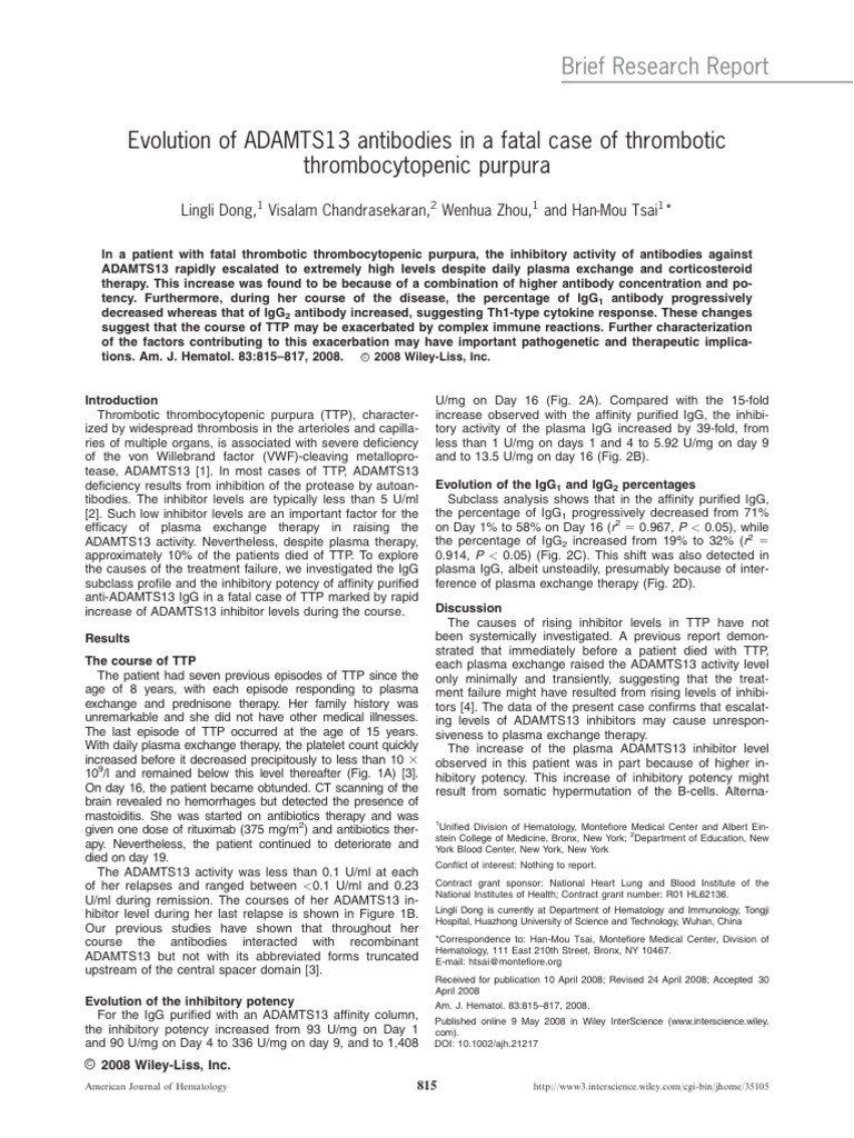 American J Hematol - 2008 - Dong - Evolution of ADAMTS13 Antibodies in ...