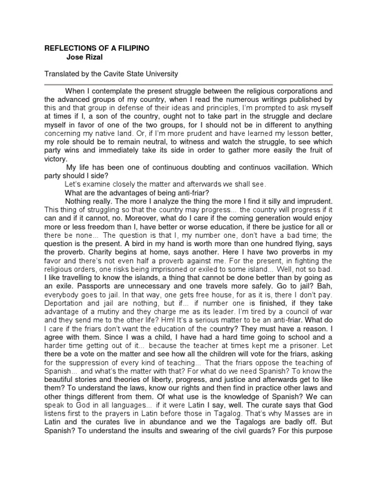Reflections of A Filipino Jose Rizal | PDF | Prison | Religion And Belief