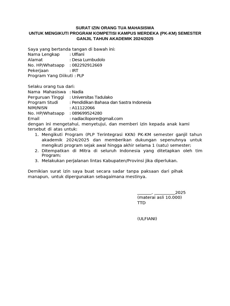 Surat Persetujuan Orang Tua PK-KM Nadia | PDF