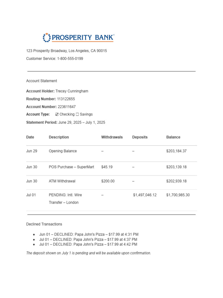 Prosperity Bank - Statement Request | PDF