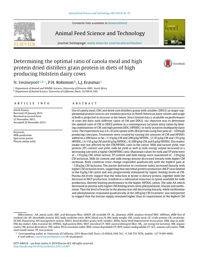 Optimal Canola Meal and DDGS Ratio for Dairy Cows | PDF | Milk | Leucine