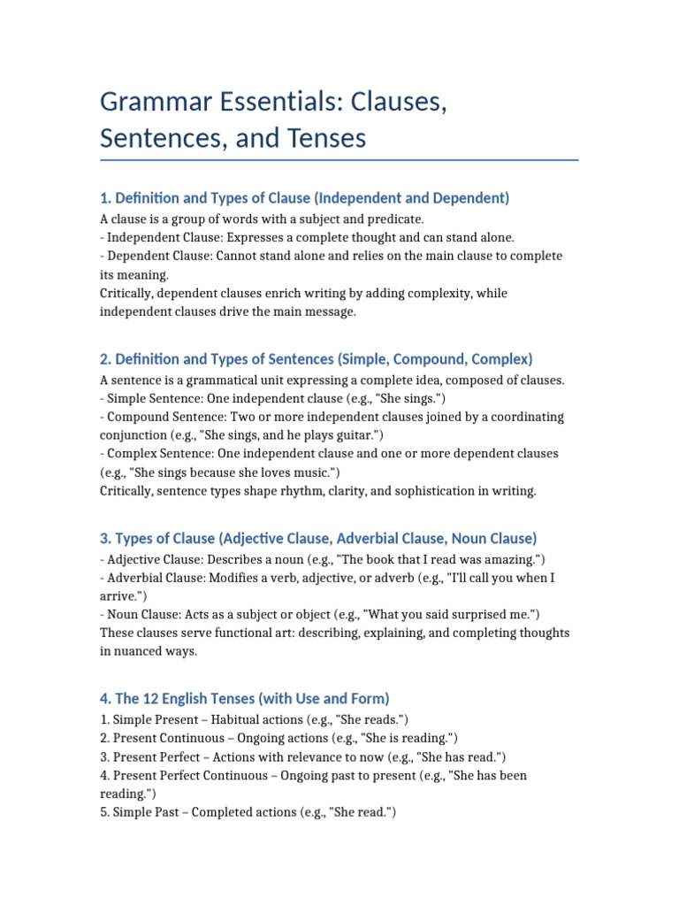 Grammar Essentials Clauses Sentences Tenses | PDF