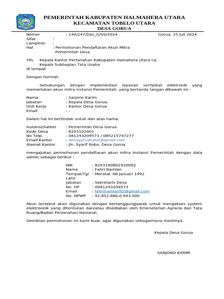 Surat Permohonan Admin | PDF