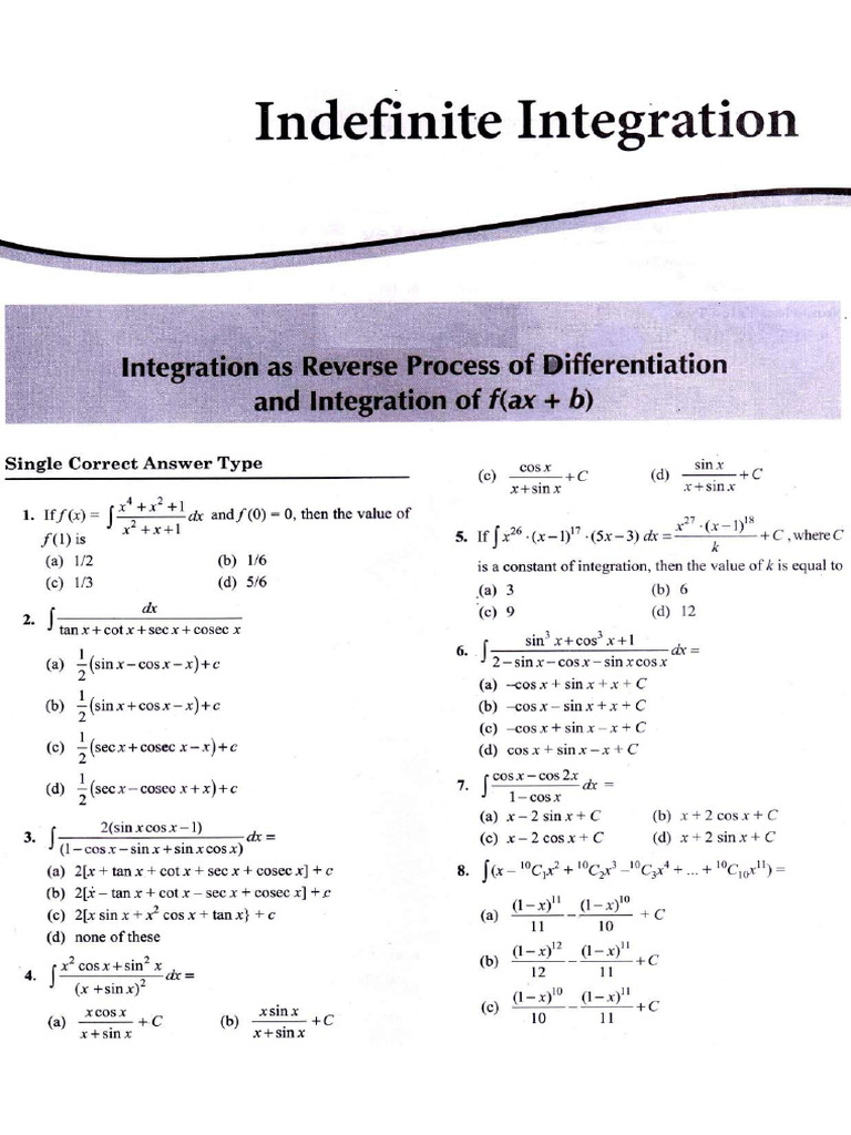 Integration (Reverse Process of Differentiation) Assignment | PDF