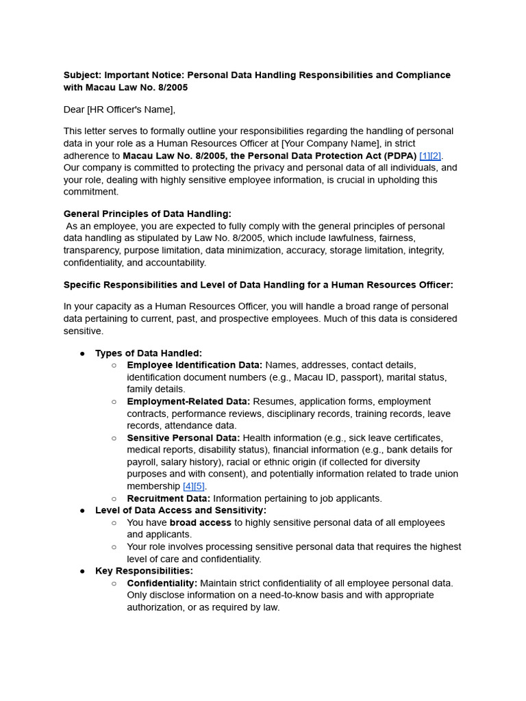 Subject - Important Notice - Personal Data Handling Responsibilities and Compliance With Macau ...