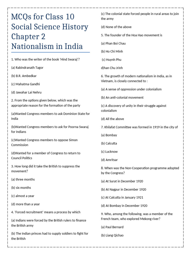 MCQs For Class 10 Social Science History Chapter 2 Nationalism in India ...