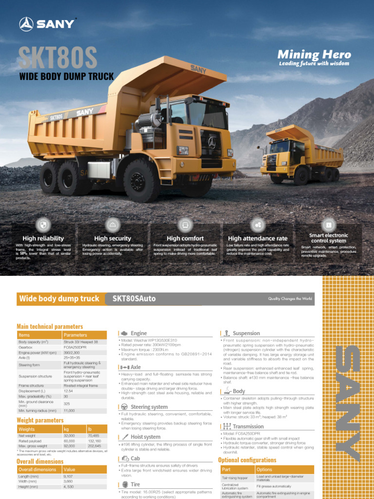 SANY SKT80S Dump Truck Specifications | PDF | Steering | Axle