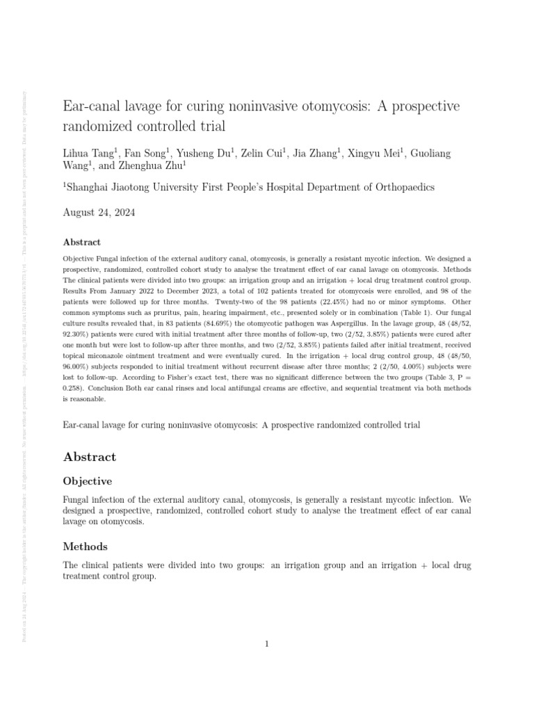 Ear-Canal Lavage For Curing Noninvasive Otomycosis: A Prospective ...