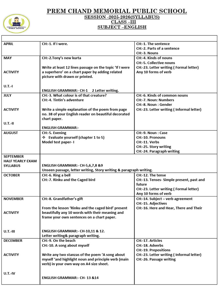 Class 3rd Syllabus 2025 2026 | PDF