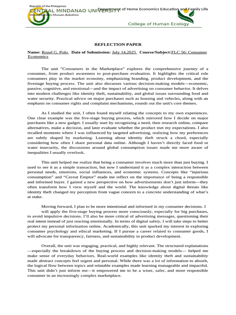 Reflection Paper Unit 33333333 | PDF | Consumer Behaviour | Brand