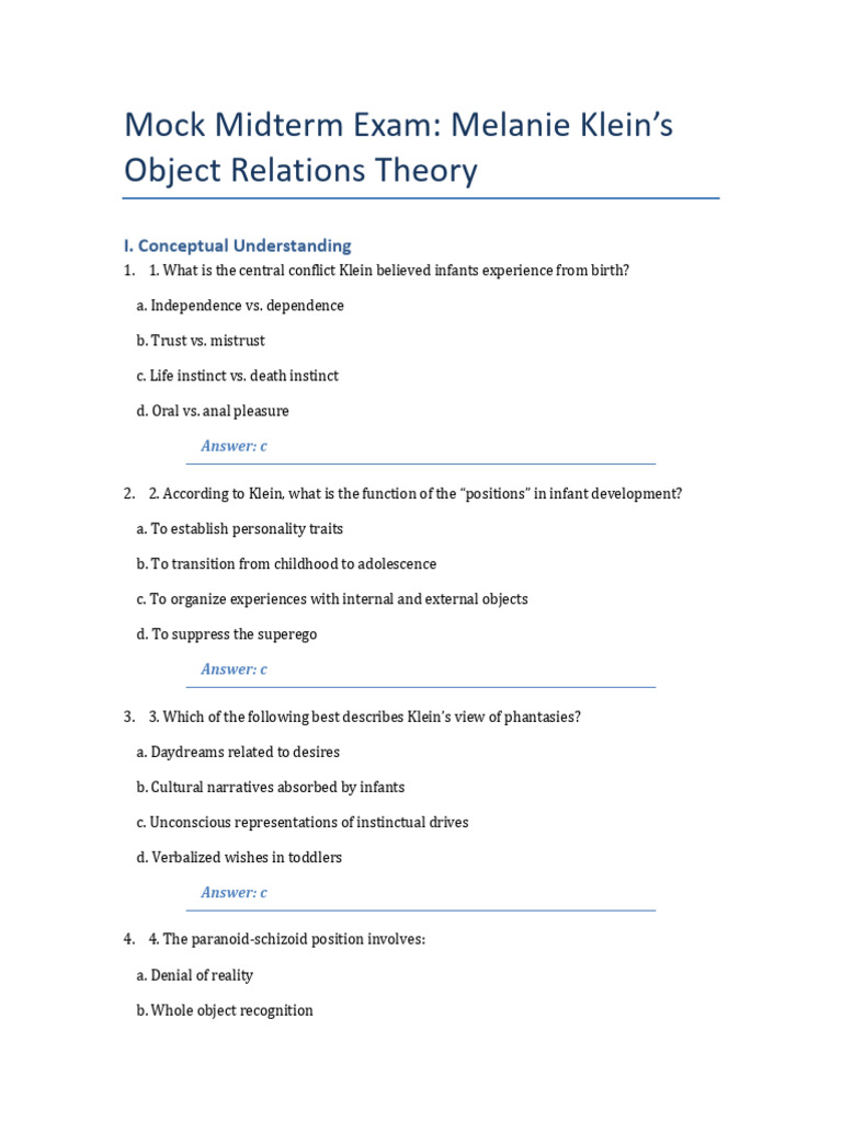 Klein's Object Relations Theory Exam | PDF | Object Relations Theory ...