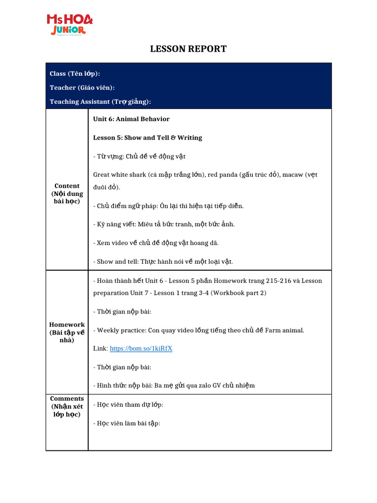Form Lesson Report - U6 - l5 - Explorer 3 | PDF