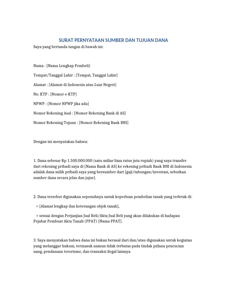 Surat Pernyataan Sumber Dan Tujuan Dana | PDF
