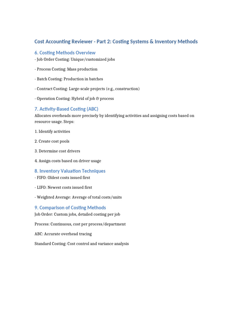 Cost Accounting Reviewer - Part 2 Costing Systems & Inventory Methods | PDF