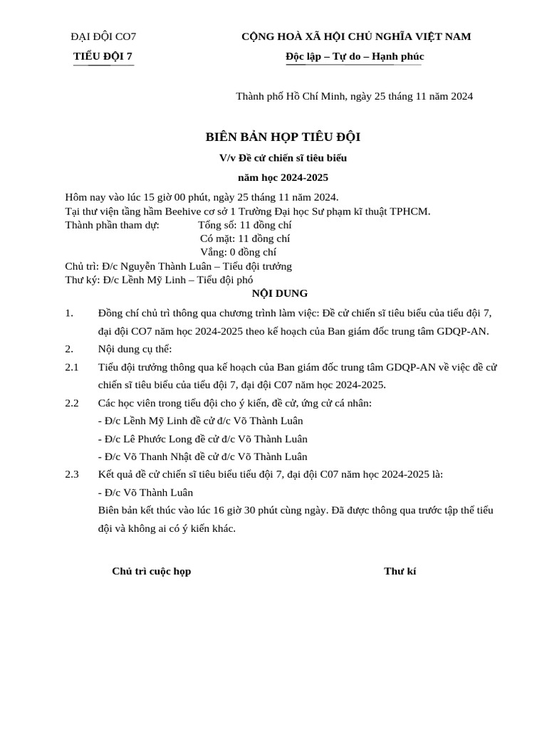 Biển Bản Đề Cử Cstb Tiểu Đội 7 | PDF