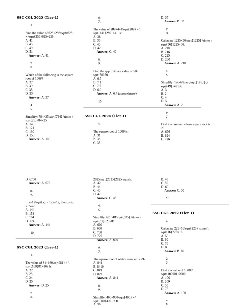 SSC CGL Square Root Questions 2025 | PDF | Square Root | Chess