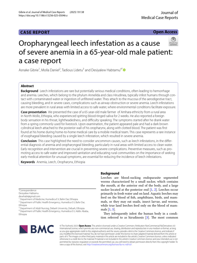 Orophargeal Leech Infestation, Research Article March 2025 | PDF | Anemia | Respiratory System