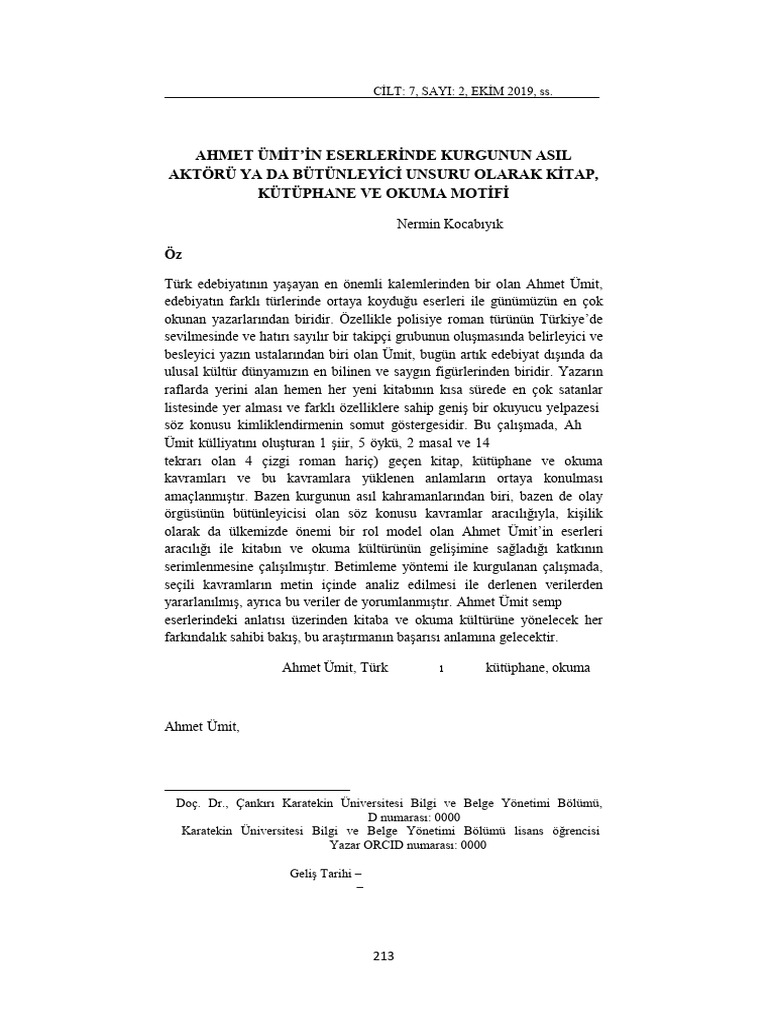 Ahmet M T N Eserler Nde Kurgunun Asil Akt R Ya Da B T Nley C Unsuru ...