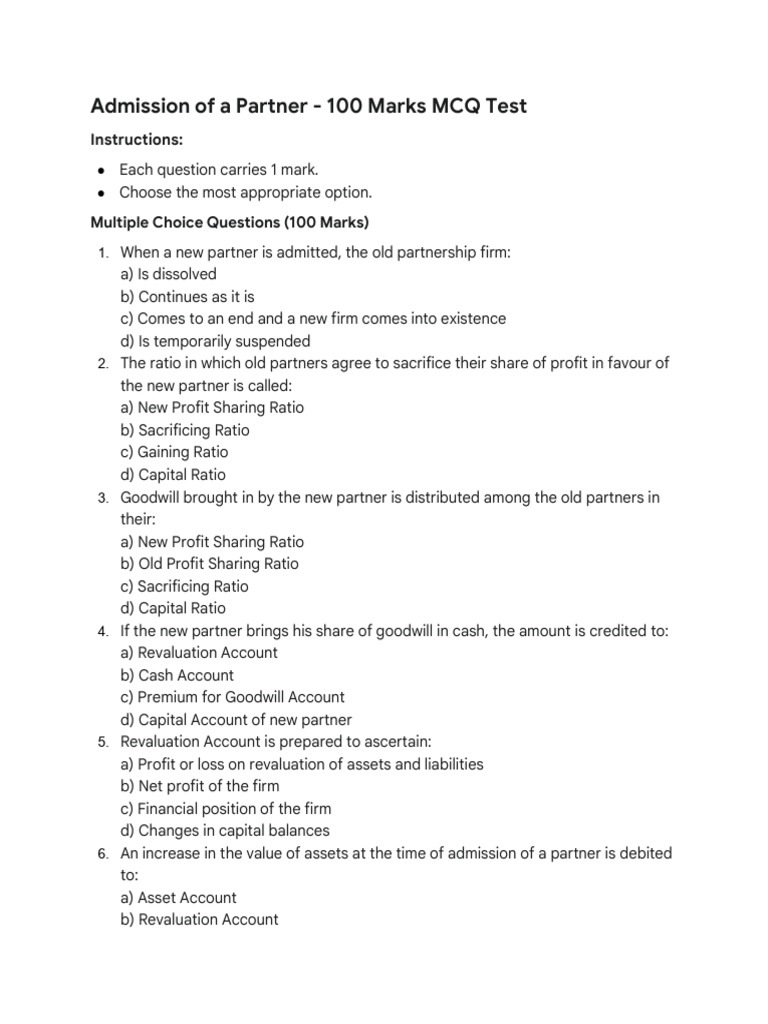 Admission of Partner MCQ Test | PDF | Debits And Credits | Goodwill ...